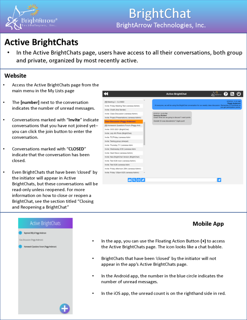 BrightChat Documentation for Teachers | BrightArrow Technologies